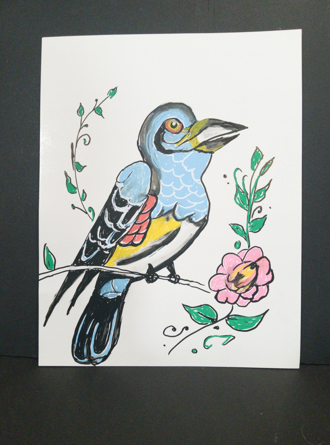 Pretty Posca Marker Bird Painting Drawing, Original Hand-drawn Floral ...