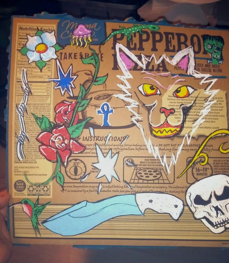 Doodles on a Cardboard Pizza Box Marker Painting, Original Line Art ...