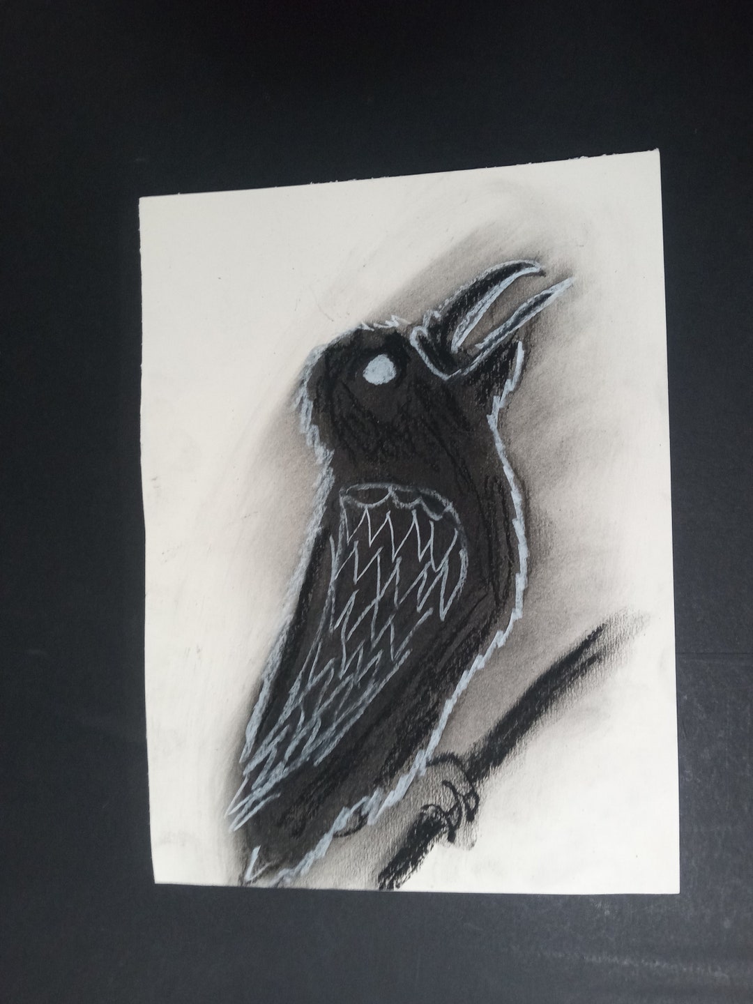 Raven Charcoal Drawing, Pastel Drawing, Creepy Line Art, Original ...