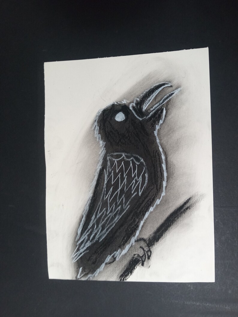 Raven Charcoal Drawing, Pastel Drawing, Creepy Line Art, Original ...