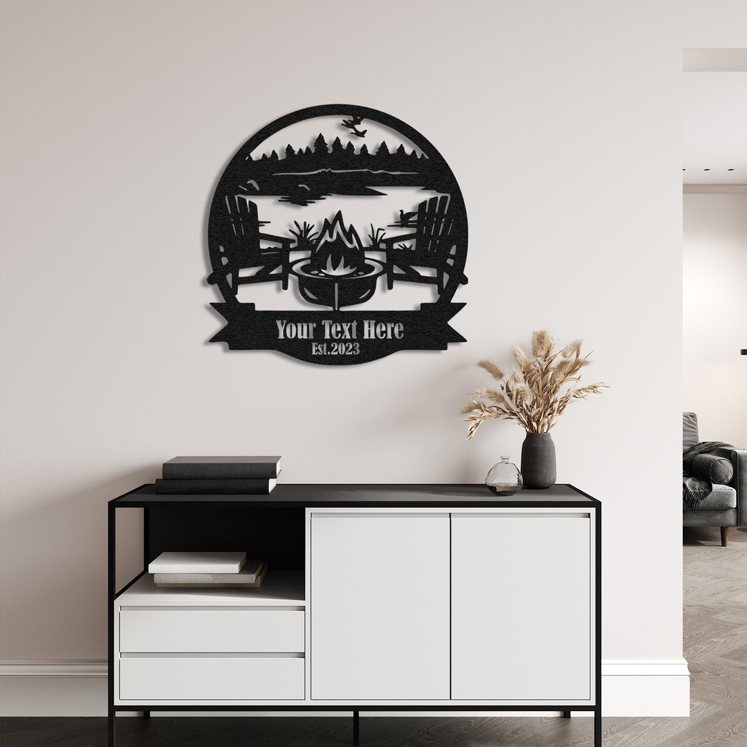 Lake Scene Campsite Monogram Metal Decor, Personalized Last Name Sign ...
