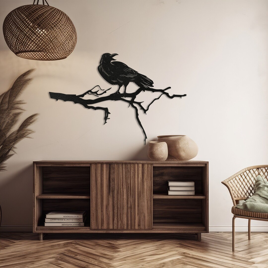 Raven on Branch Metal Wall Decor, Metal Crow Wall Art, Bird Metal Wall ...