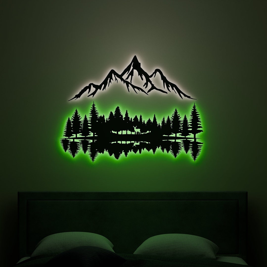 LED Mountain and Forest Metal Wall Art: Multi-color Sign Decor - Etsy