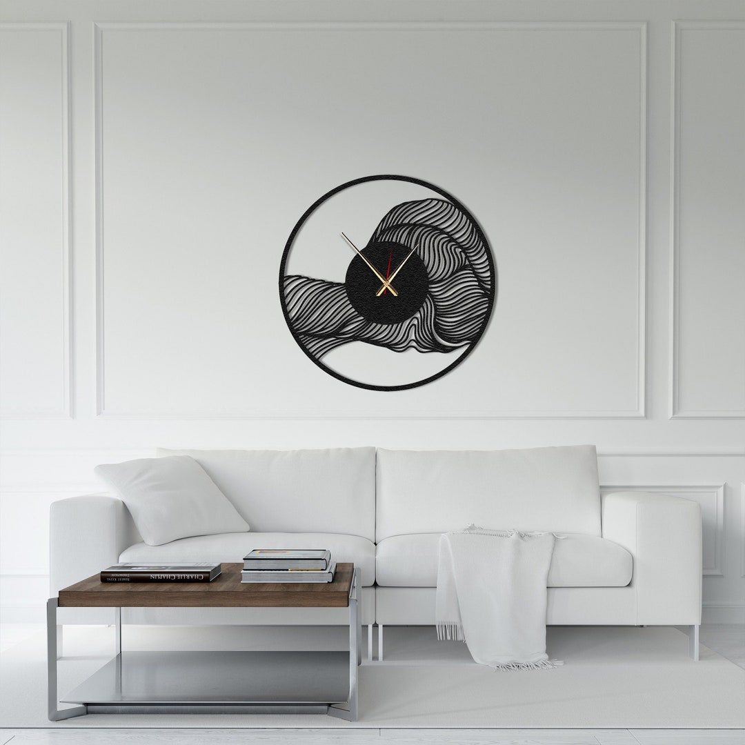 Line Art Wave Metal Wall Clock, Unique Silent Extra Large Metal Clock ...