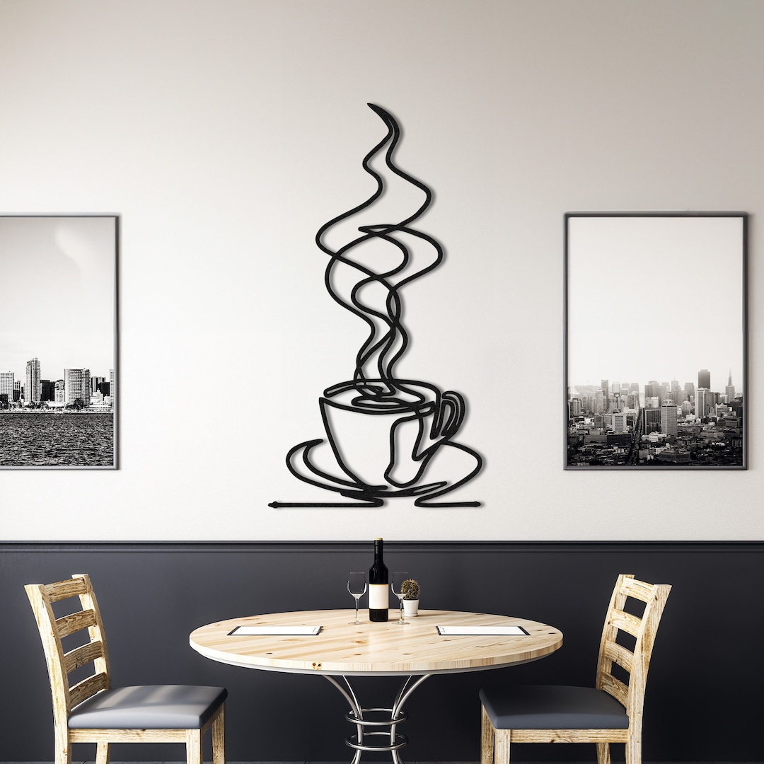 Metal Coffee Cup Decor, Swirly Mug of Coffee Minimalist Line Art ...