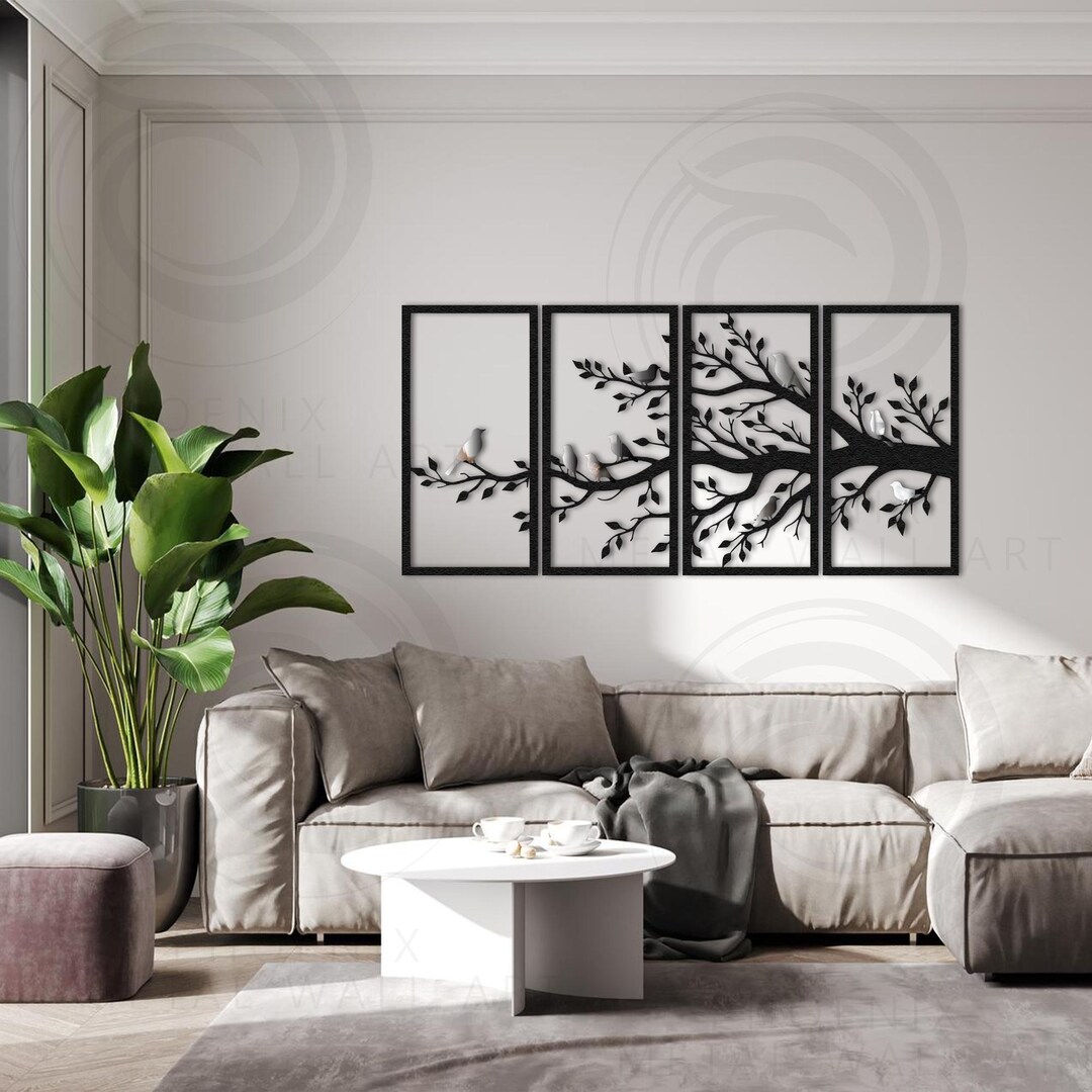 Set of 4 Metal Wall Decor, Framed Wall Art, Birds on Tree Branch Metal ...