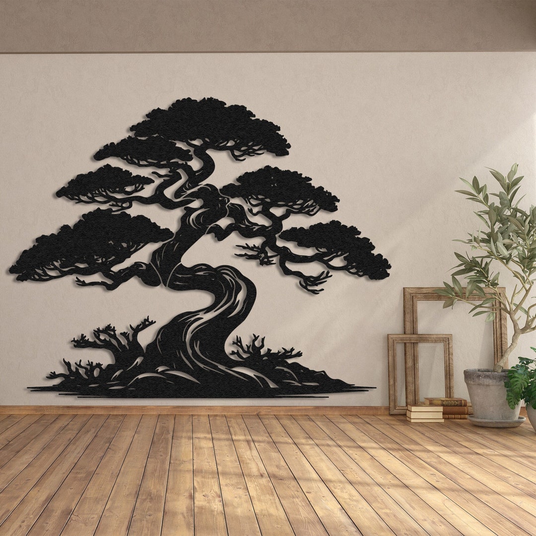 Oversized Metal Pine Tree Wall Decor, Bonsai Metal Wall Art, Nature ...