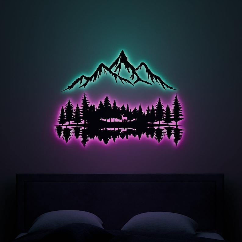 LED Mountain and Forest Metal Wall Art: Multi-color Sign Decor - Etsy