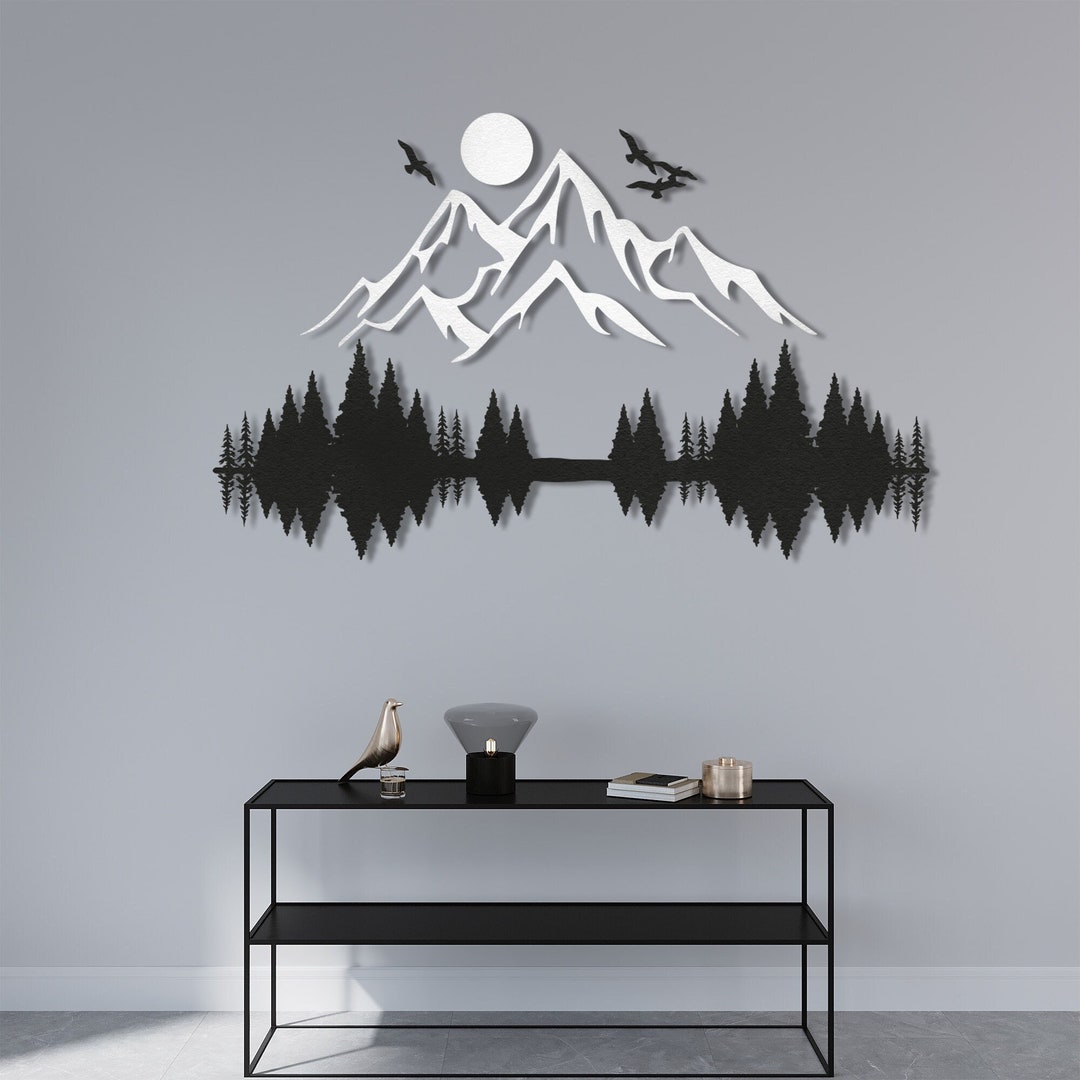 Mountain Forest and Rising Sun Metal Wall Decor, Yard Mountain Range ...