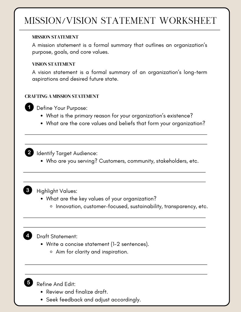 Business Worksheet for Mission and Vision Statements - Etsy