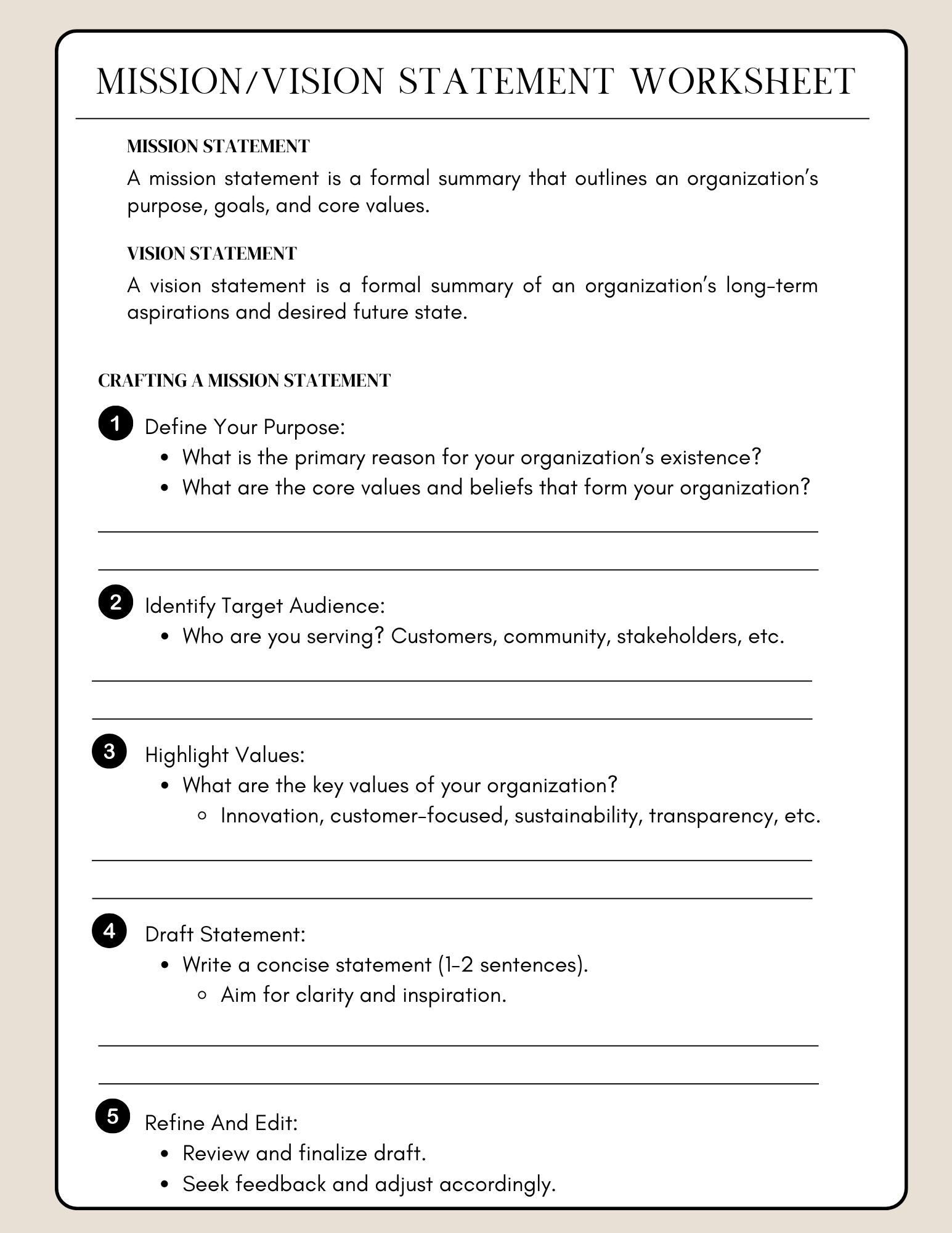 Business Worksheet for Mission and Vision Statements - Etsy