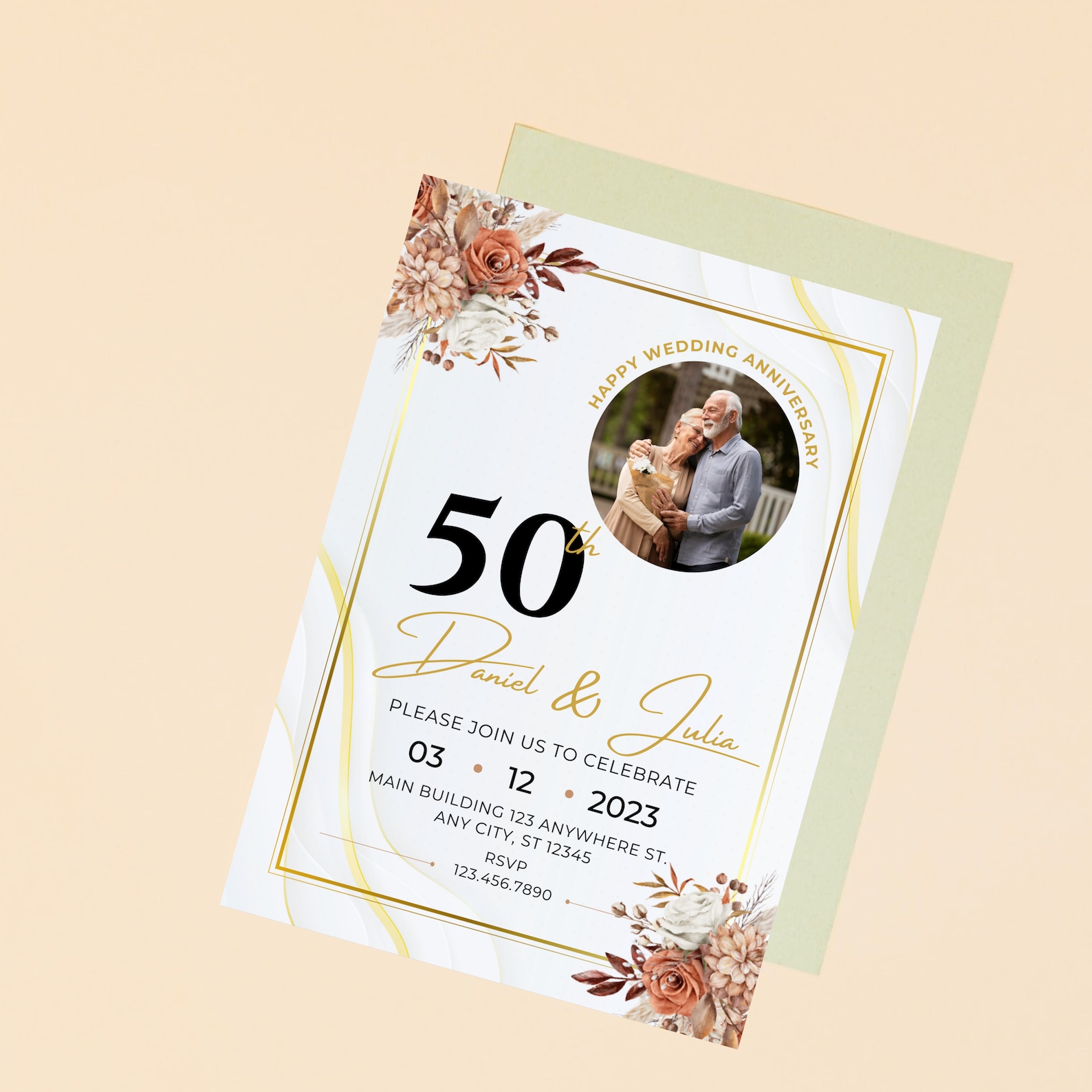 50th Wedding Anniversary Invitation Template, Golden Anniversary Photo ...