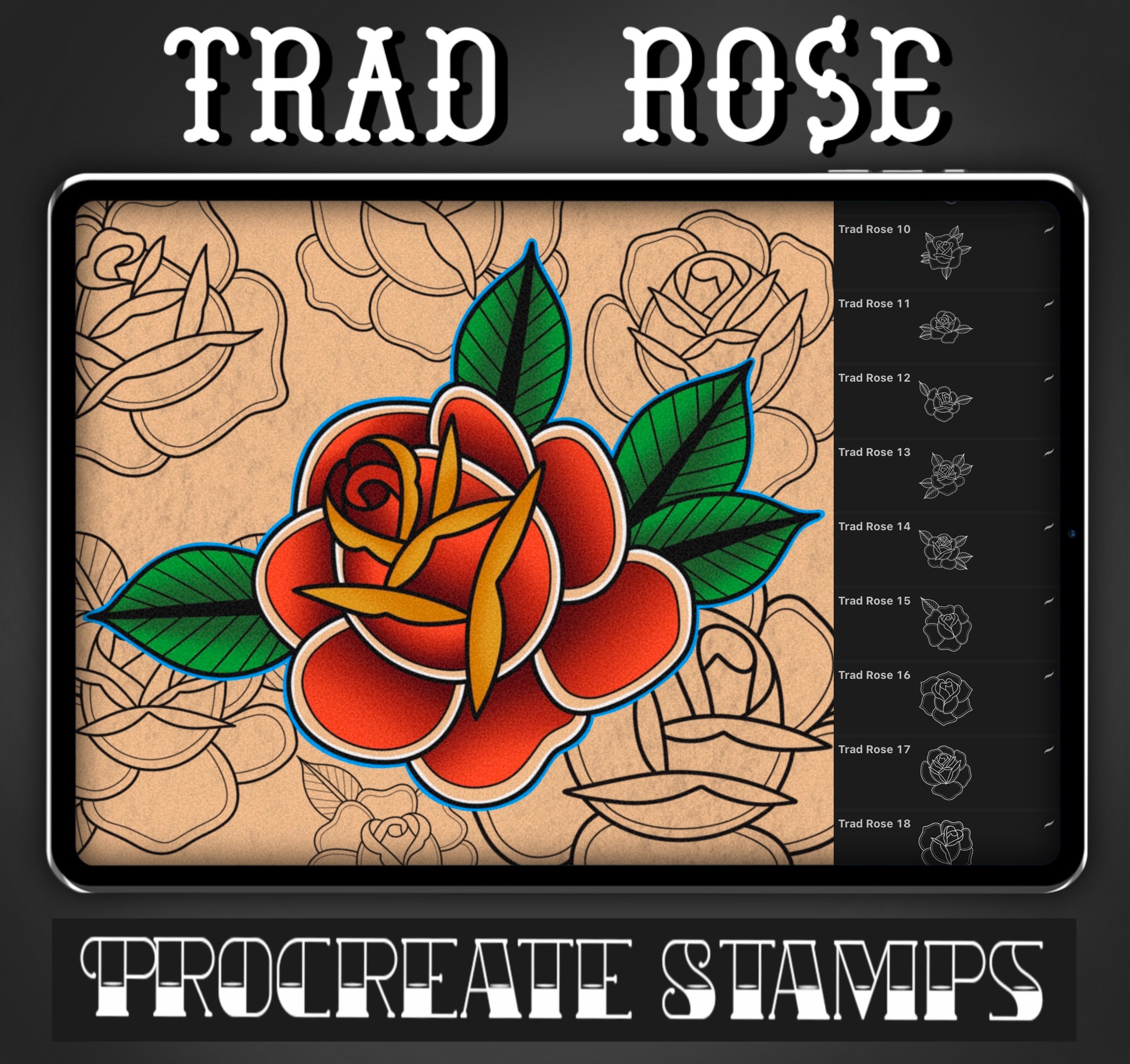 Traditional Rose Tattoo Procreate Stamp Set 1 25 Trad Rose Brush Stamps ...