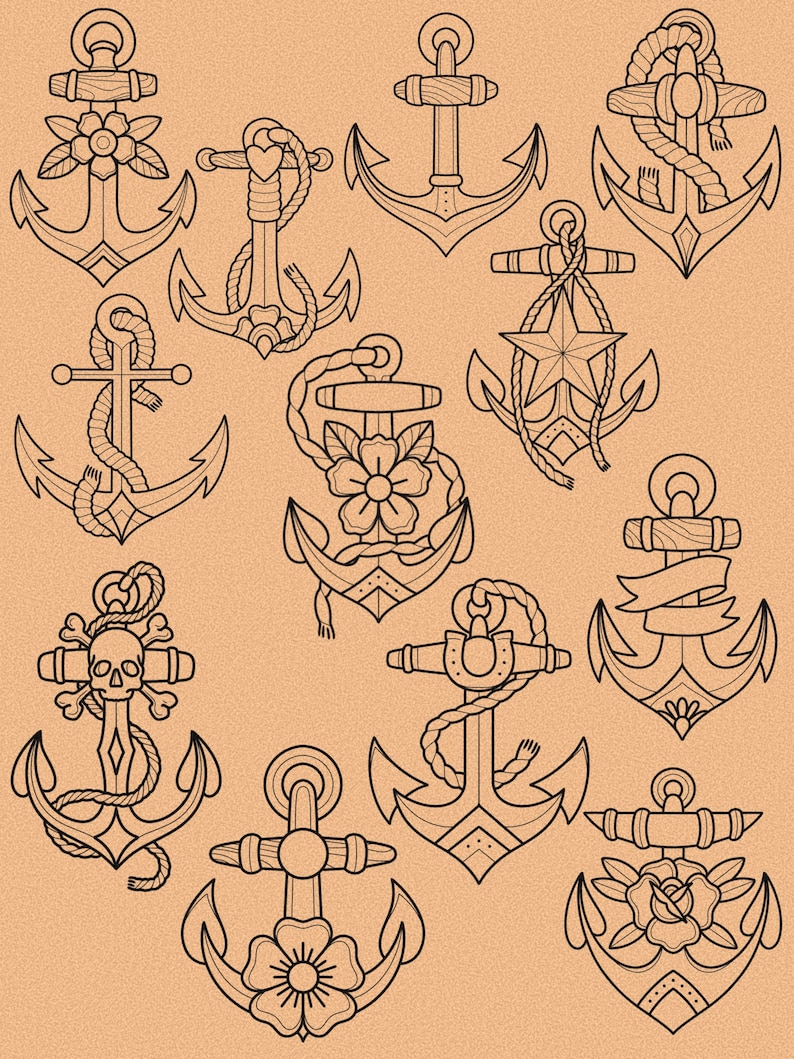 Traditional Anchor Tattoo Procreate Stamp - Set 1 | 25 Trad Ship Anchor ...
