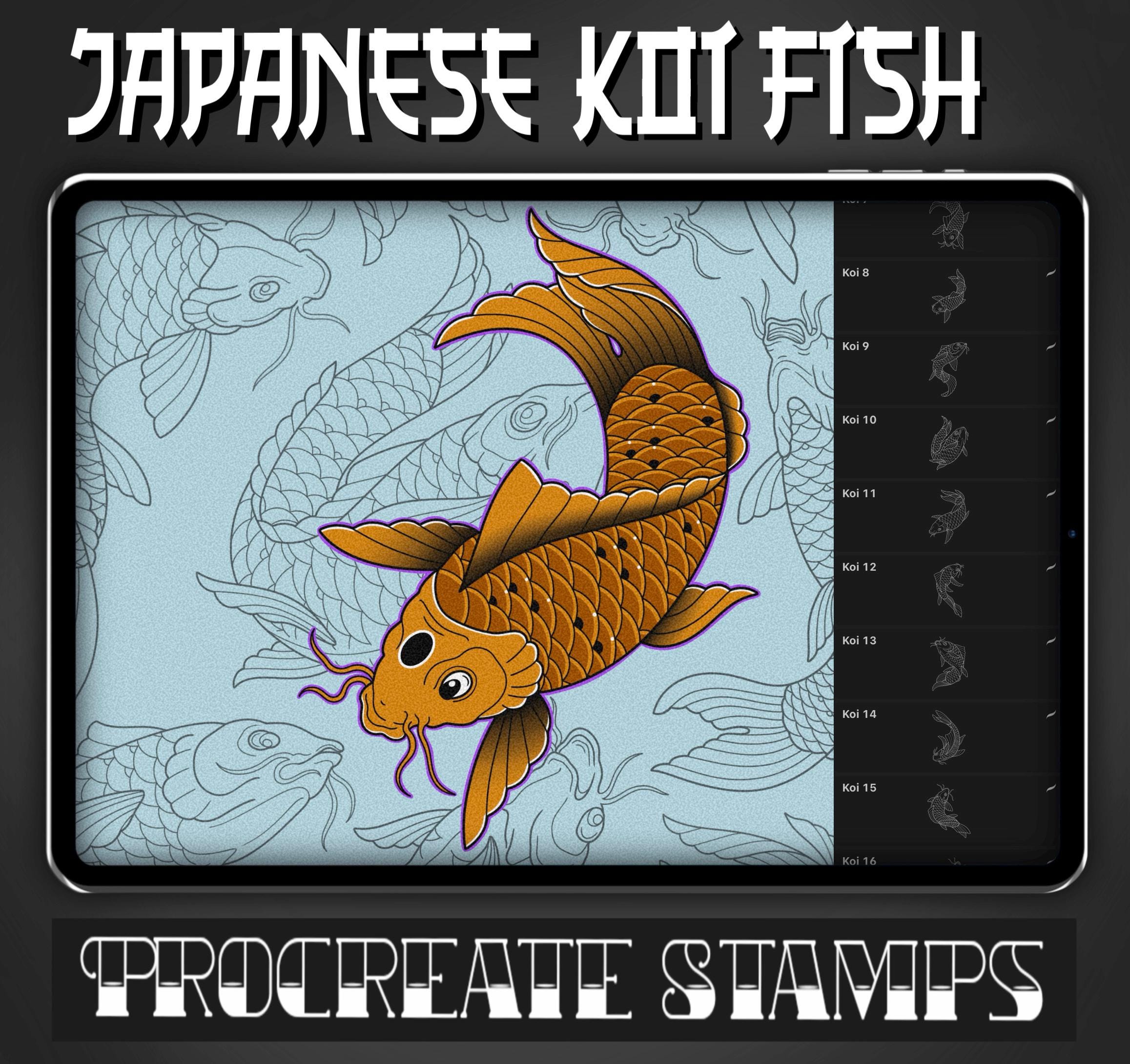 Japanese Koi Fish Tattoo Procreate Stamp - Set 1 | 20 Japanese Neotrad ...