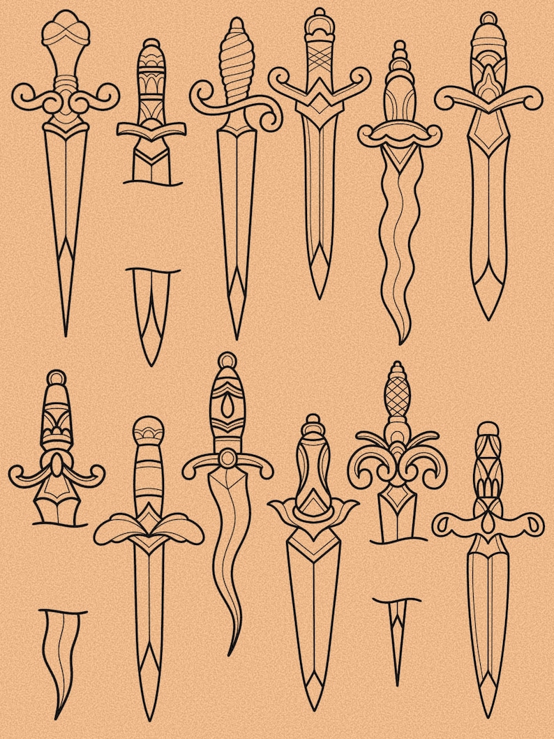 Traditional Dagger Tattoo Procreate Stamp - Set 1 | 25 Trad Dagger ...