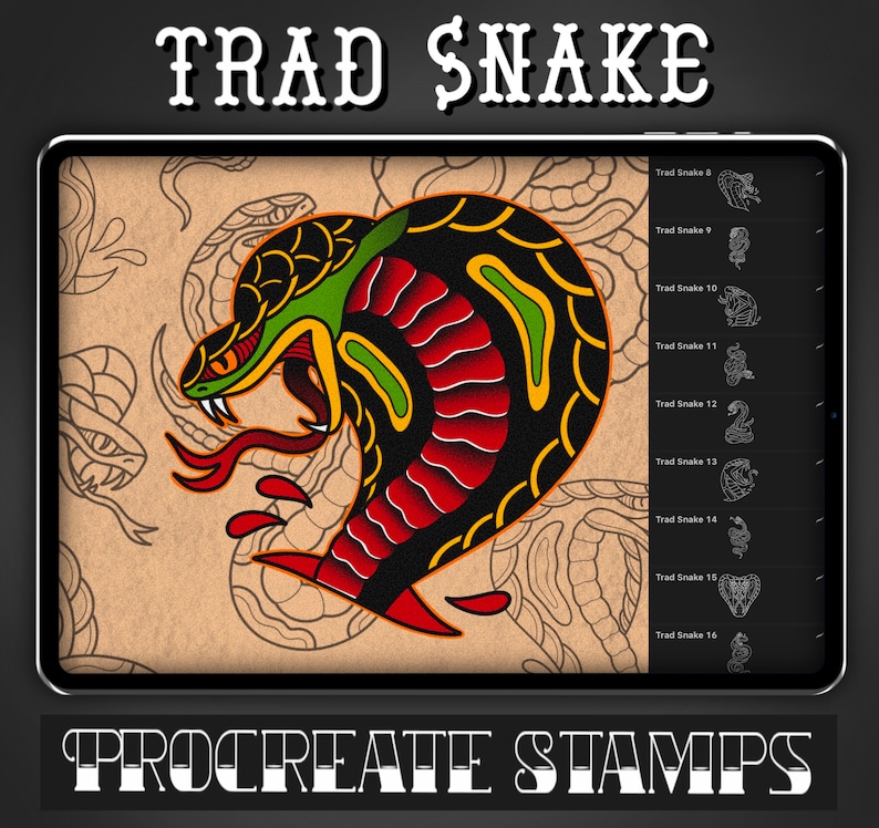 Traditional Snake Tattoo Procreate Stamp - Set 1 | 25 Trad Snake Brush ...