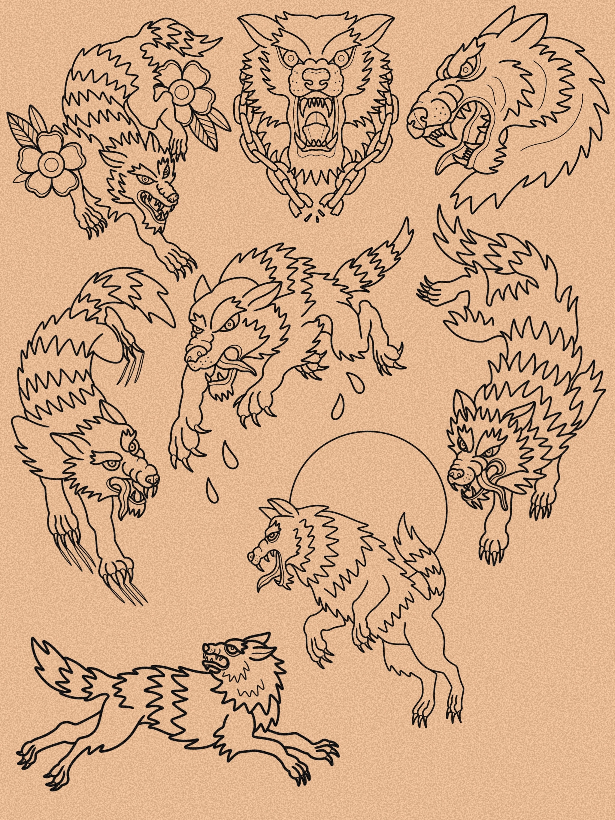 Traditional Wolf Tattoo Procreate Stamp - Set 1 | 20 Trad Wolf Brush ...