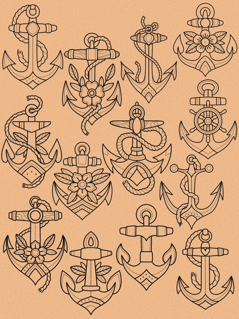 Traditional Anchor Tattoo Procreate Stamp - Set 1 | 25 Trad Ship Anchor ...