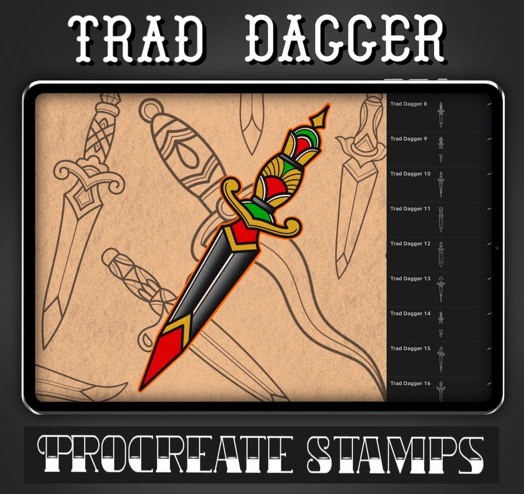 Traditional Dagger Tattoo Procreate Stamp - Set 1 | 25 Trad Dagger ...