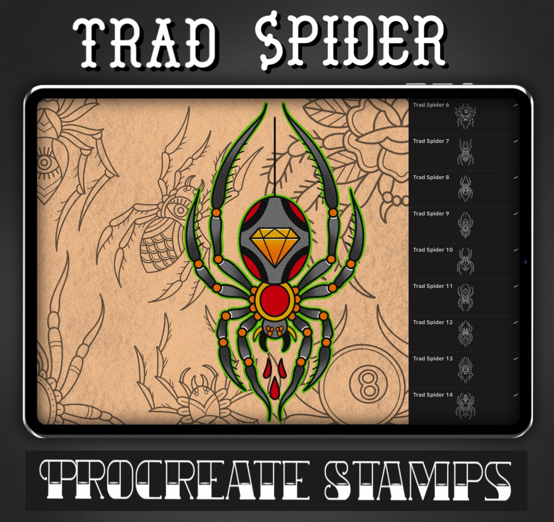 Traditional Spider Tattoo Procreate Stamp Set 1 25 Trad Spider Brush ...