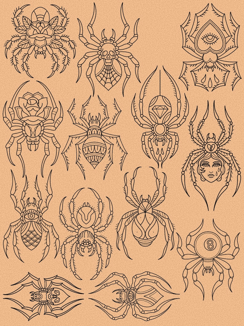Traditional Spider Tattoo Procreate Stamp - Set 1 | 25 Trad Spider ...