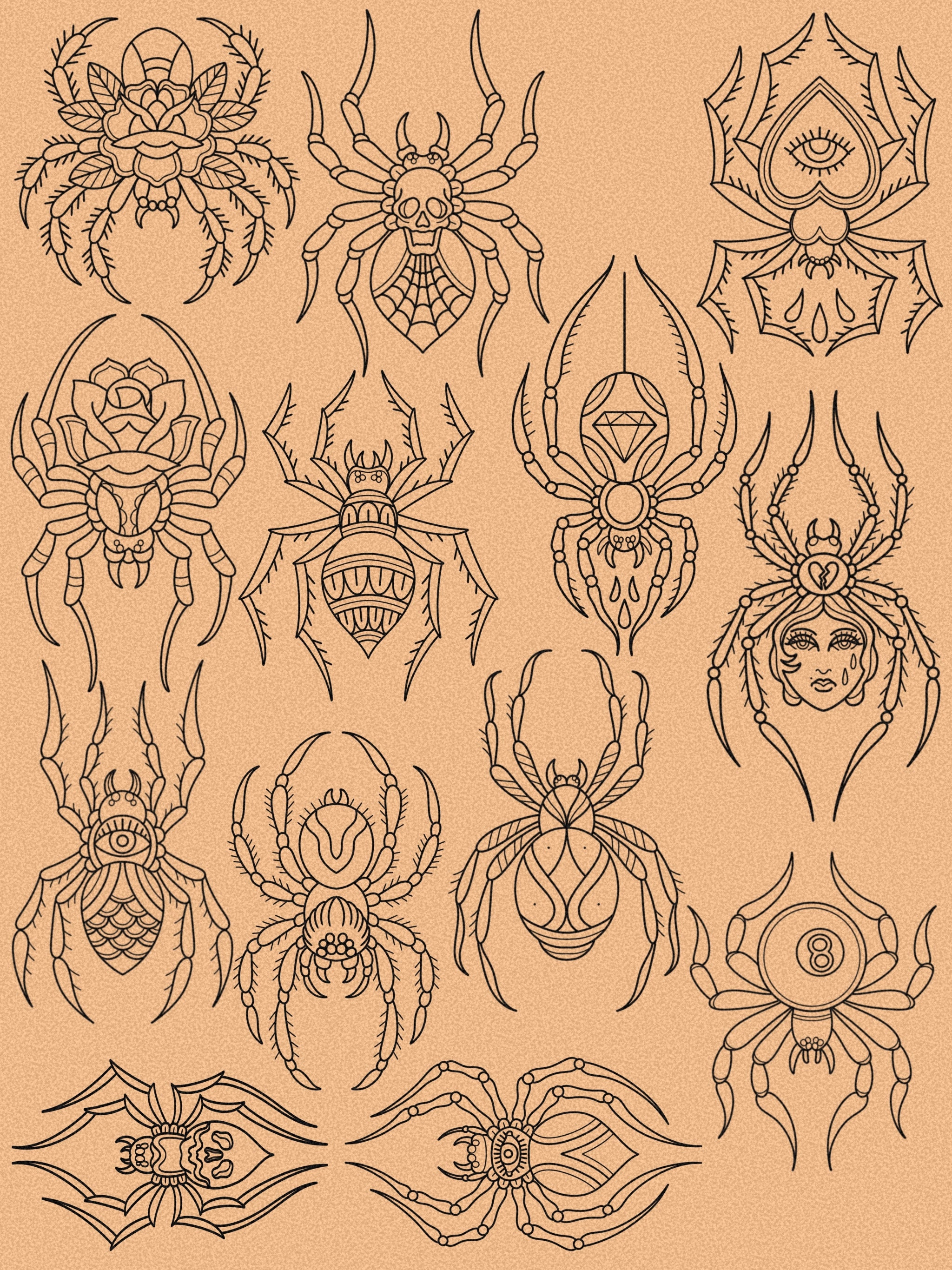 Traditional Spider Tattoo Procreate Stamp - Set 1 | 25 Trad Spider ...