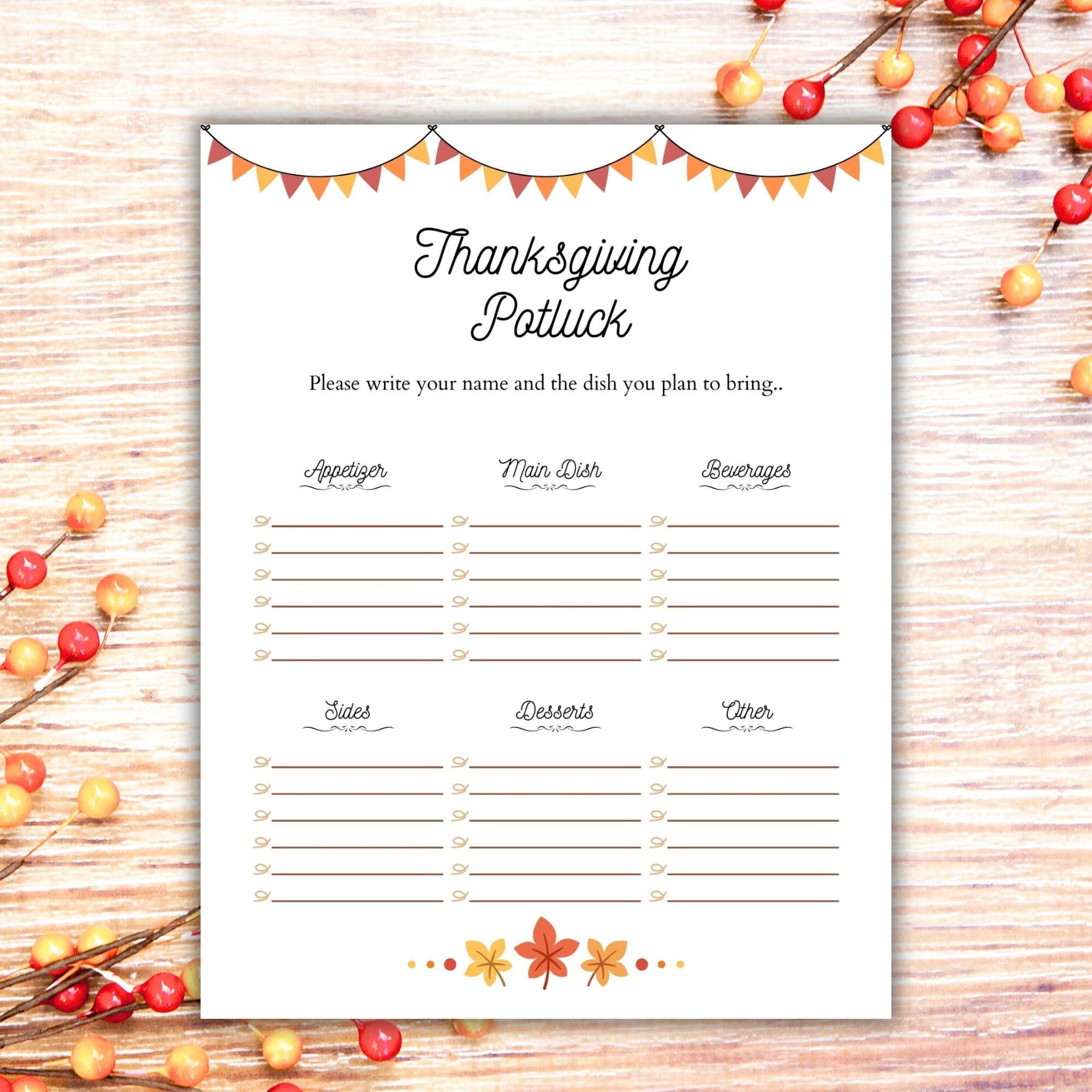 Thanksgiving Potluck Sign up Sheet, Potluck Sign up Sheet, Thanksgiving ...