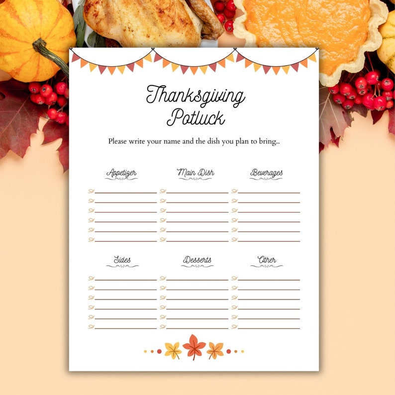 Thanksgiving Potluck Sign up Sheet, Potluck Sign up Sheet, Thanksgiving ...