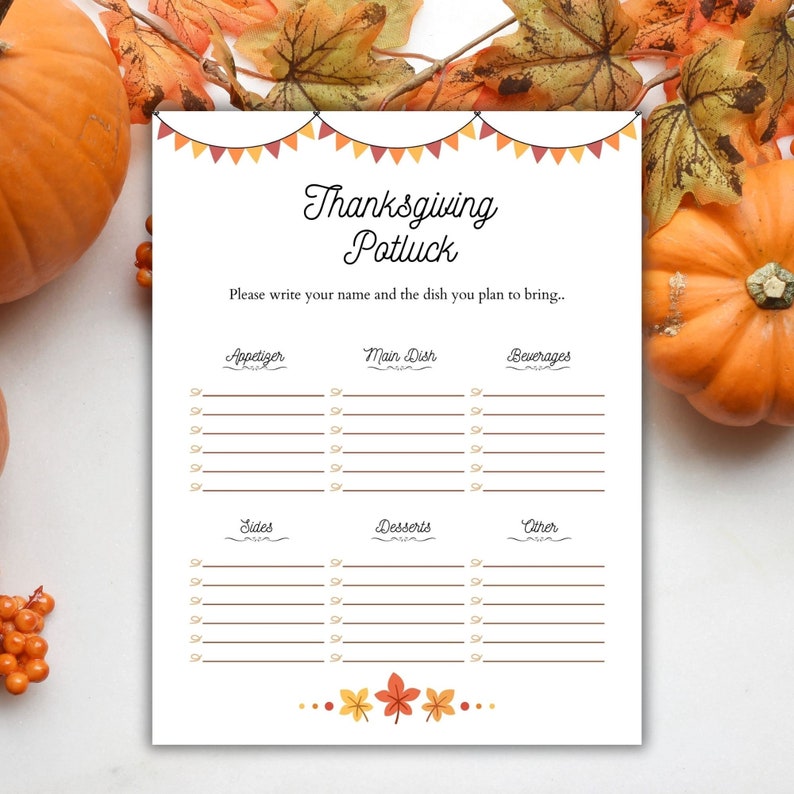 Thanksgiving Potluck Sign up Sheet, Potluck Sign up Sheet, Thanksgiving ...