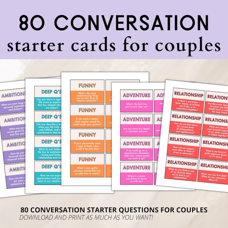 Couple Question Cards, Printable 80 Couple Conversation Cards ...