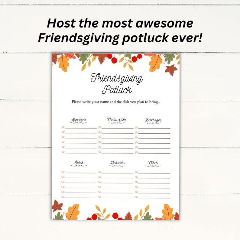 Friendsgiving Potluck Sign up Sheet, Potluck Sign up Sheet, Friendsgive ...