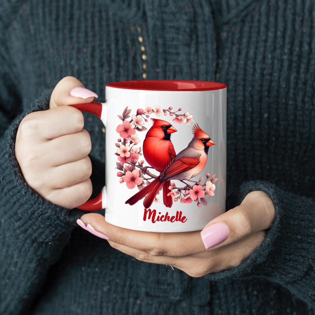 Personalized Cardinal Mug, Bird Lover Gift, Cherry Blossom Accent Mug ...