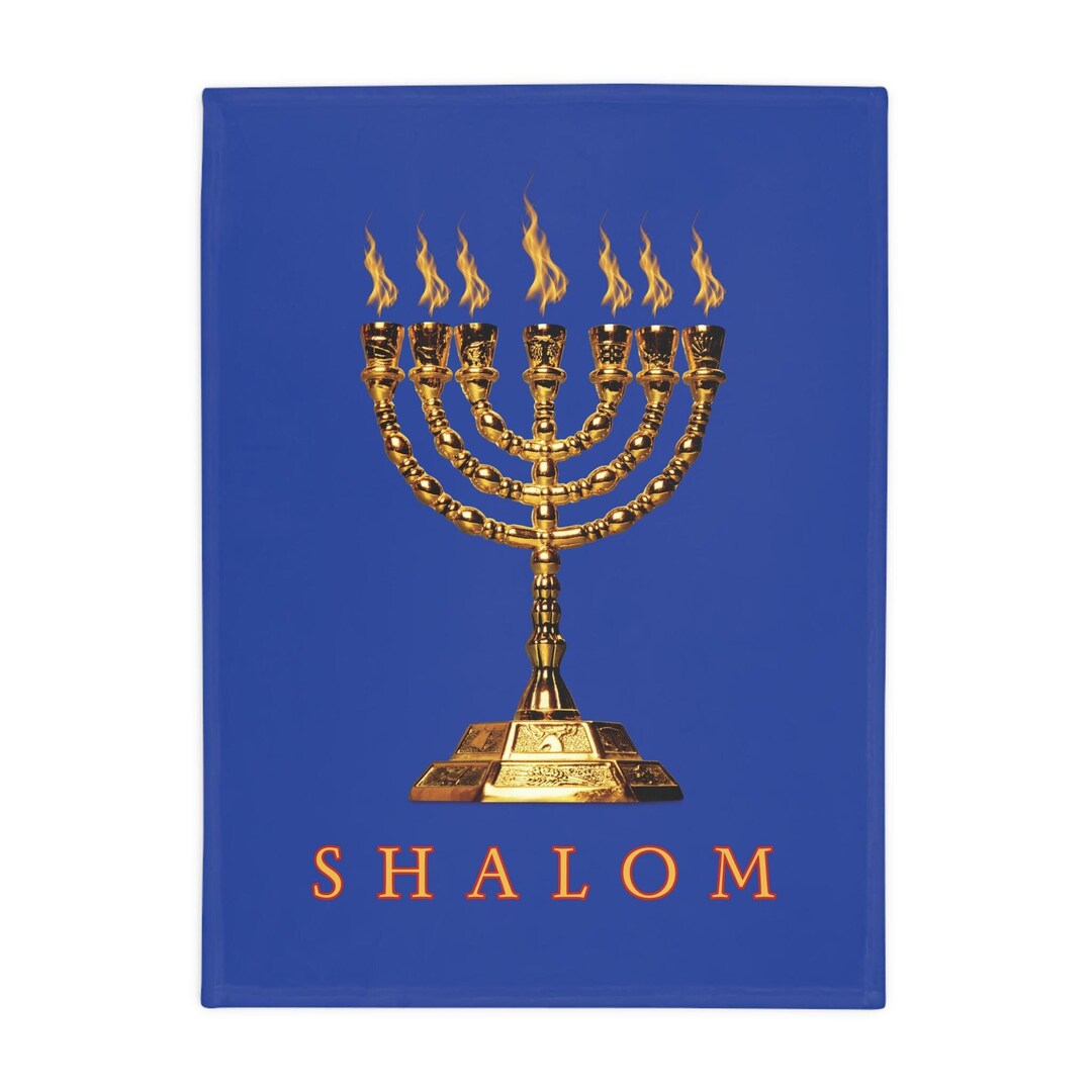 SHALOM W/ Menorah Blanket | Hanukkah Gift Blue Plush Blanket | Israel ...