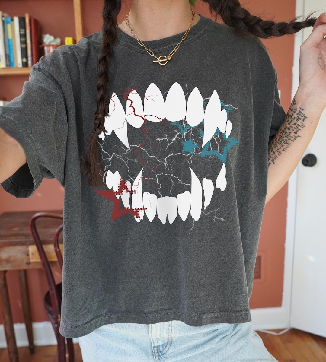 Fang Y2K Teeth Shirt, Soft Grunge, Star Cropped Tee, Alt Clothing, Goth ...