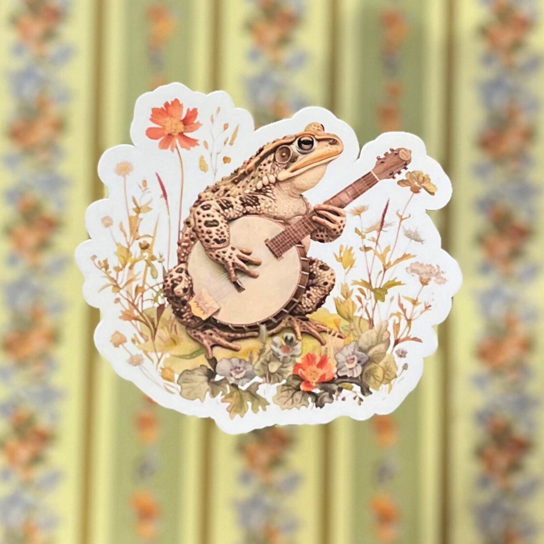 Cottagecore Frog Sticker, Peaceful Botanical Frog Playing Banjo, Frog ...