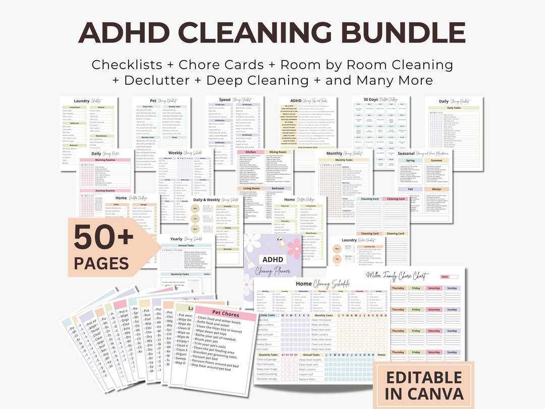 Adult Chore Chart, ADHD Cleaning, Cleaning Checklist Bundle, ADHD ...