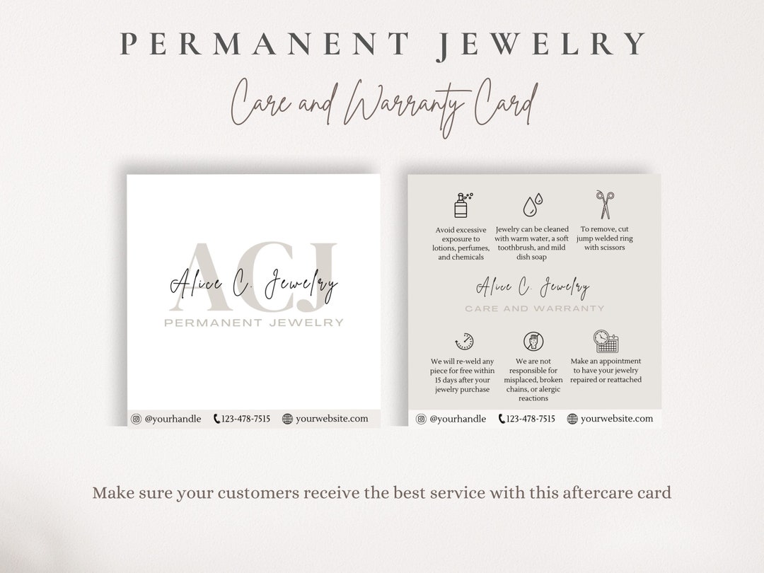 Permanent Jewelry Aftercare & Warranty Card, Editable Business Card ...