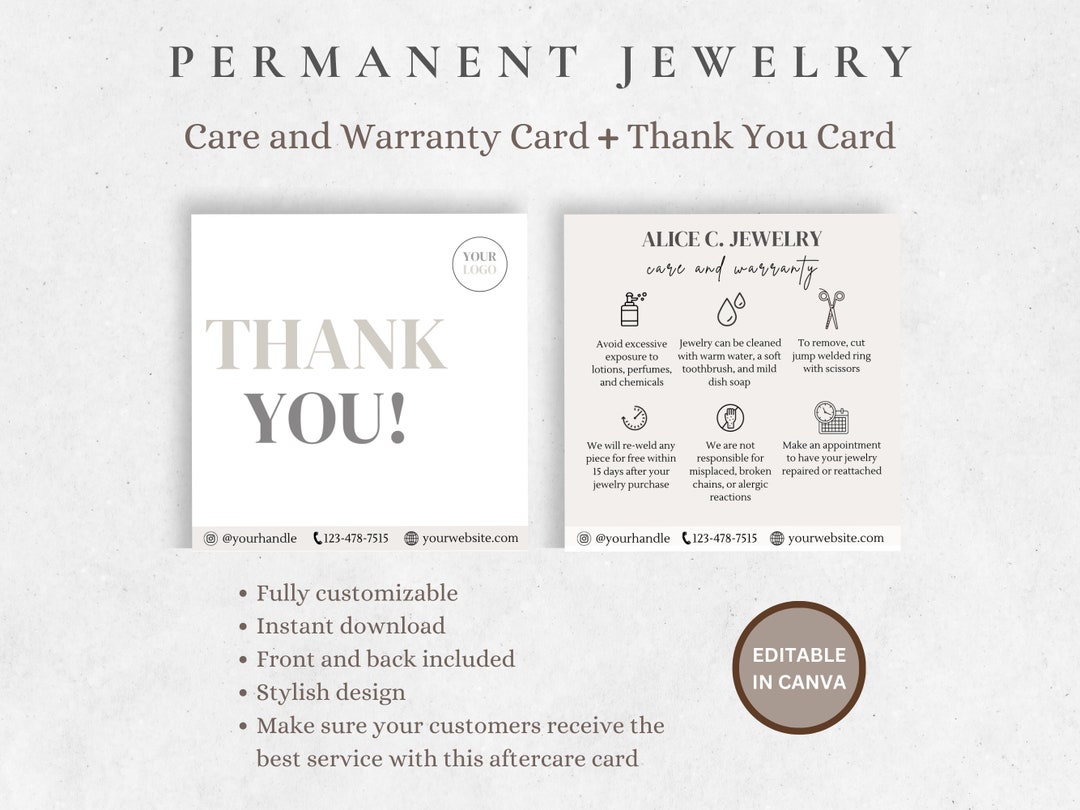 Permanent Jewelry Care Card, Permanent Jewelry Aftercare Card ...