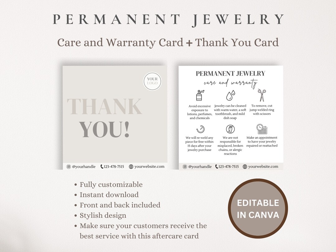 Permanent Jewelry Care Card, Permanent Jewelry Aftercare Card ...