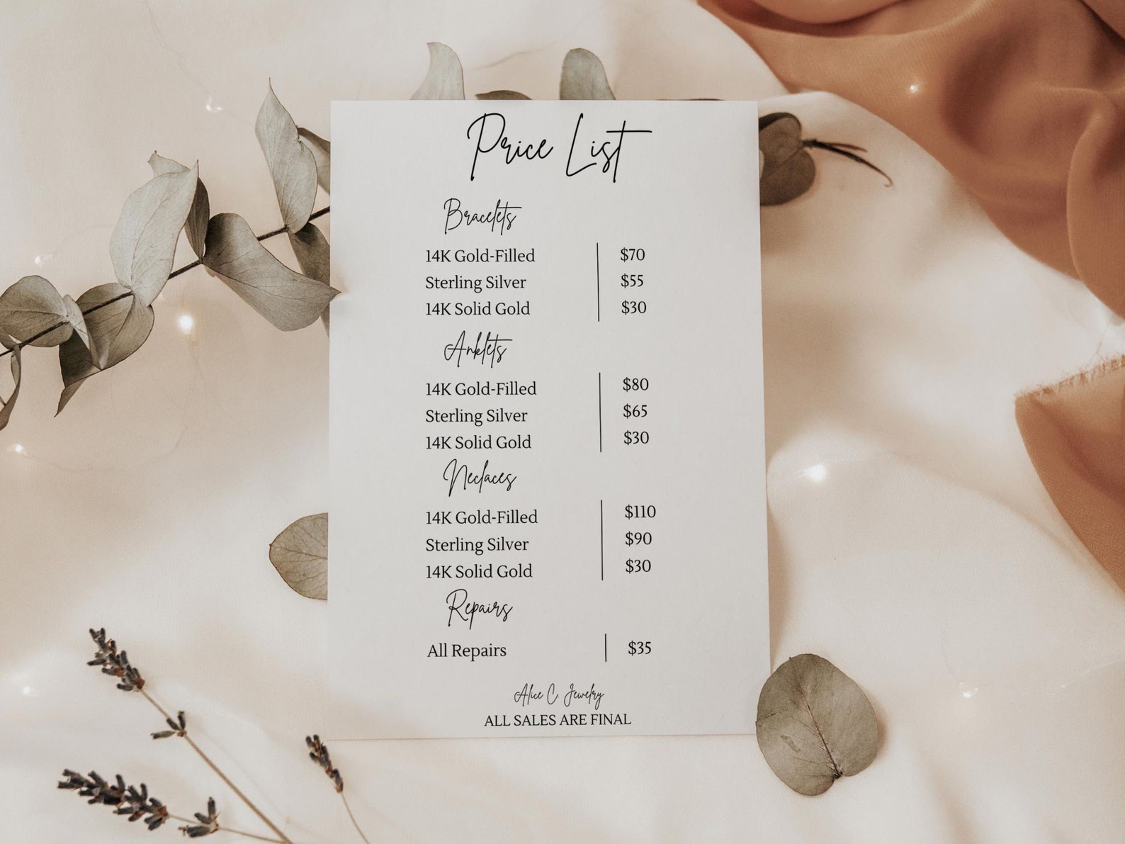 Permanent Jewelry Price List Sign, Permanent Jewelry Editable Template ...