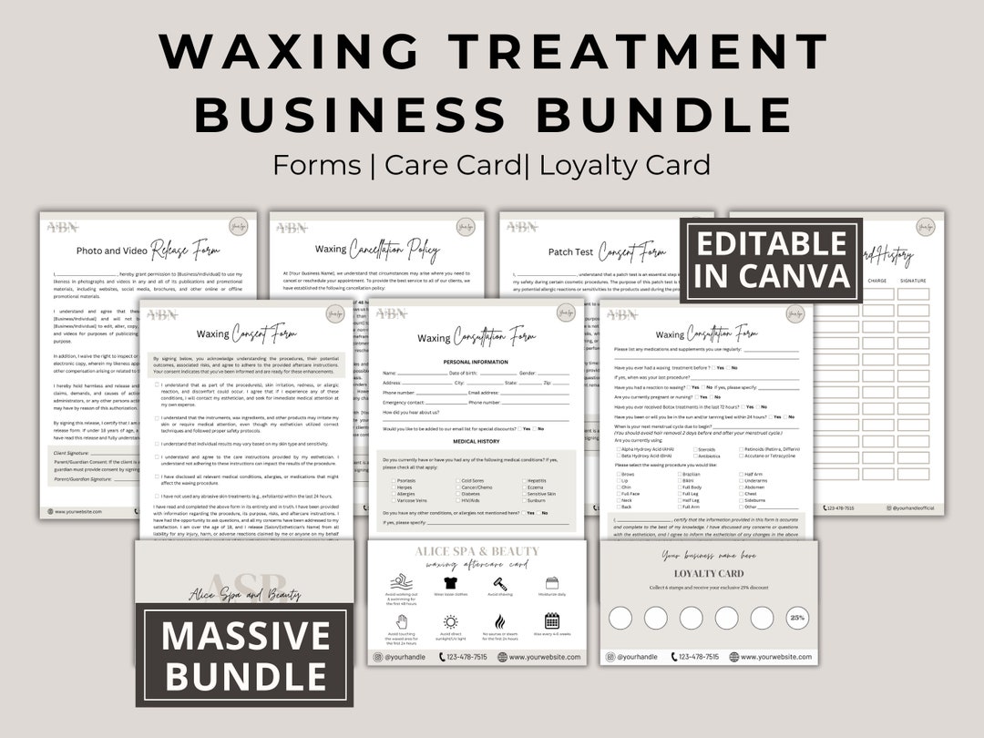 Waxing Consent Form Waxing Treatment Forms Skincare Form Waxing Aftercare Card Waxing Intake