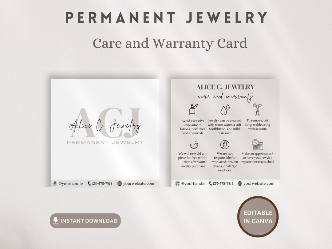 Permanent Jewelry Care Card Permanent Jewelry Warranty Card - Etsy