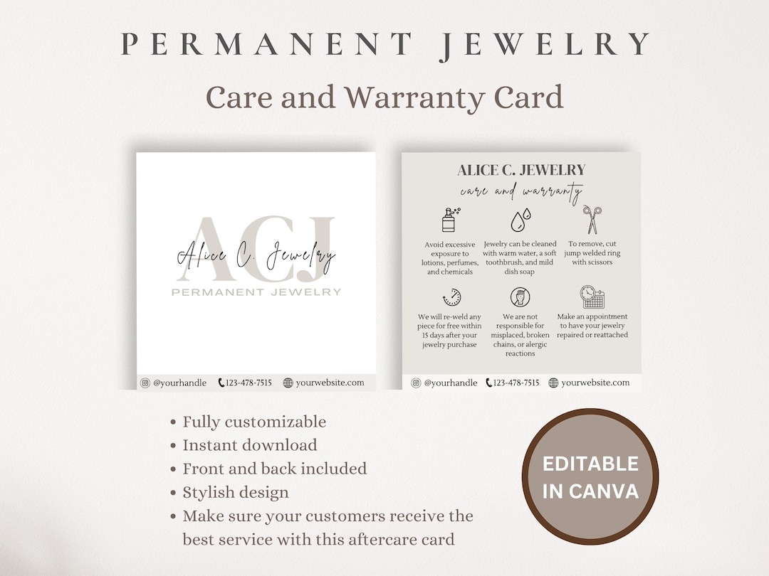 Permanent Jewelry Care Card, Permanent Jewelry Warranty Card, Permanent ...