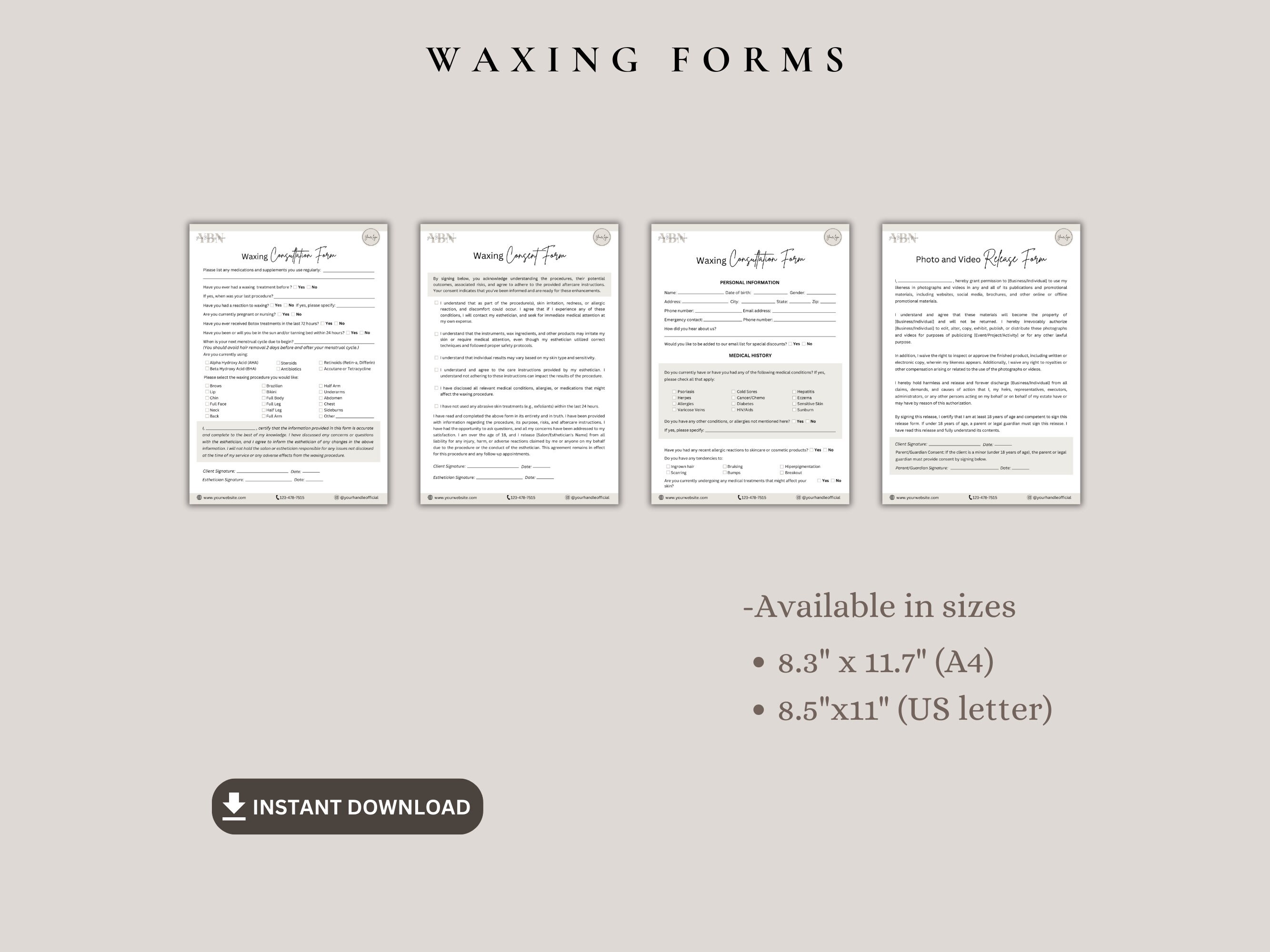 Waxing Consent Forms And Intake Form Waxing Treatment Templates Skincare Form Esthetician