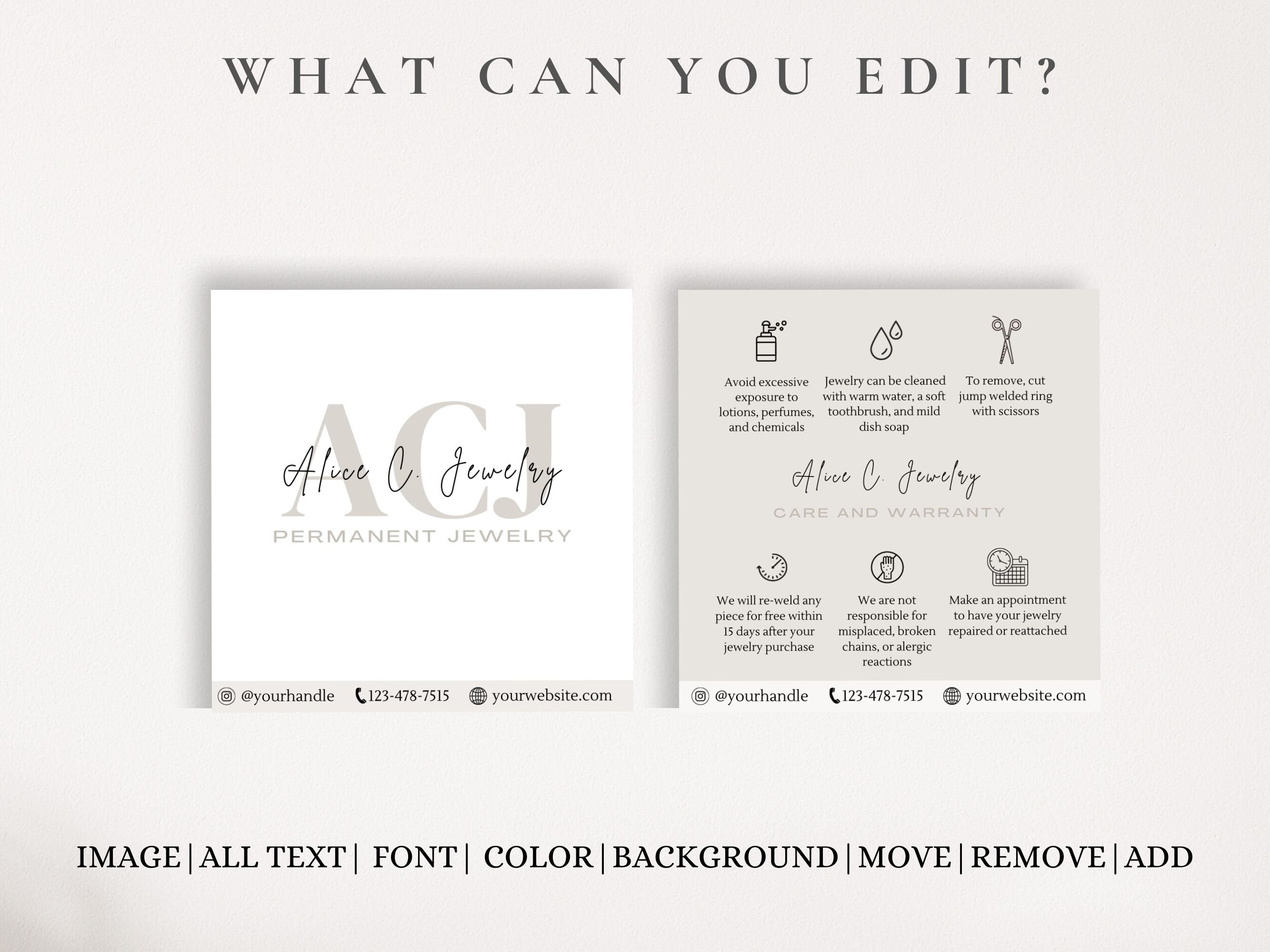 Permanent Jewelry Aftercare & Warranty Card, Editable Business Card ...