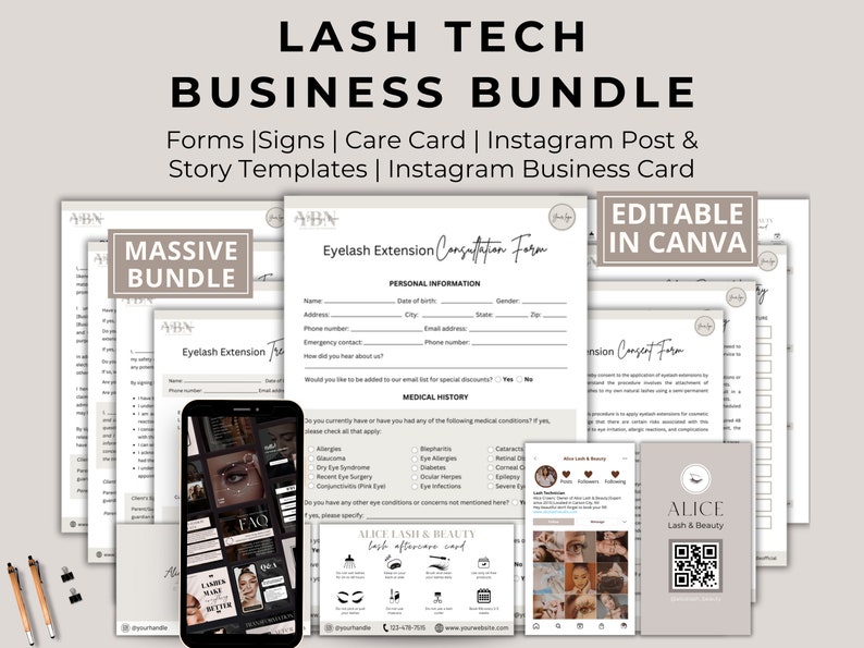 Lash Tech Business Bundle, Forms, Signs, Instagram Templates (canva) - Etsy