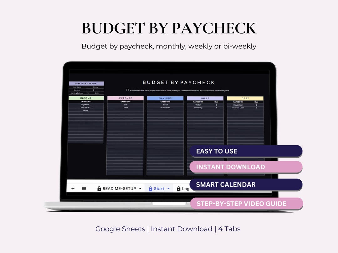 Budget by Paycheck Spreadsheet Google Sheets Template for Monthly ...
