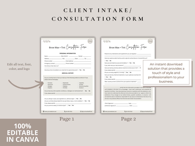 Brow Wax and Tint Forms Bundle, Esthetician Client Forms (canva ...