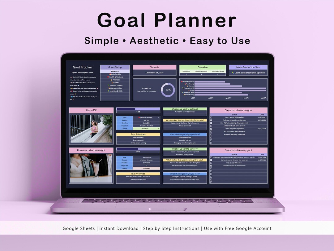 Goal Planner Google Sheets: SMART Goal Tracker, Vision Board (digital ...